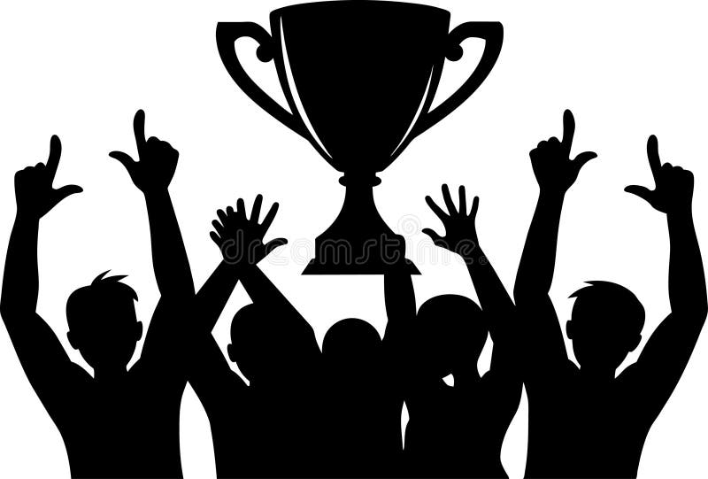 Winning Team is Holding Trophy in Hands. Silhouettes of Many Hands in ...