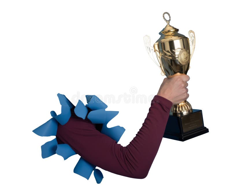 Winning Trophy: Arm Bursting through Paper with Gold Cup on White Stock ...