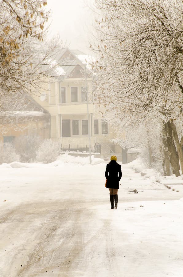 Winter Alone Woman in the Street Stock Image - Image of snowy, snow ...