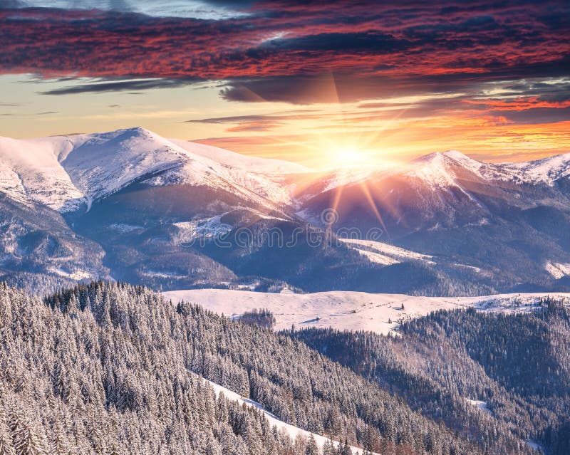 Winter Alpine Sunrise in Mountains with Dramatic Sky Stock Image ...