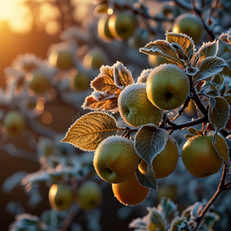 Close-up of Apples on the Tree with Snow in Sunset Stock Image - Image ...