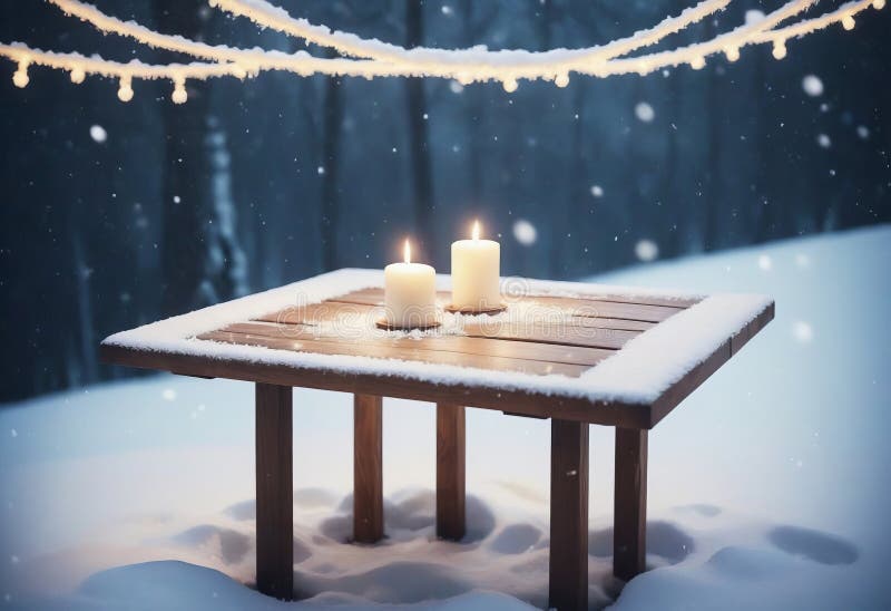 Winter Background - Snowy Table with Christmas Lights in the Night ...