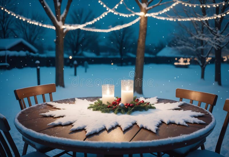 Winter Background - Snowy Table with Christmas Lights in the Night ...