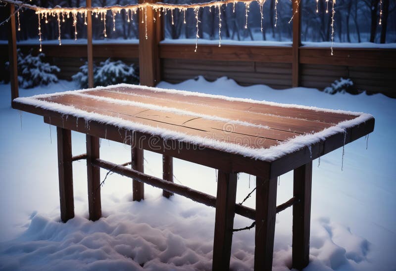 Winter Background - Snowy Table with Christmas Lights in the Night ...