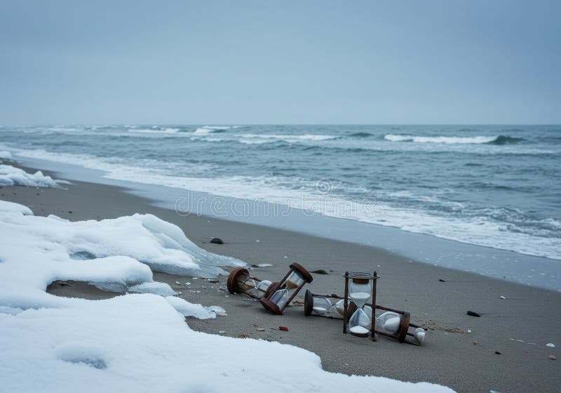 Winter Beach Scene with Hourglasses and Snow-covered Sand by the Ocean ...