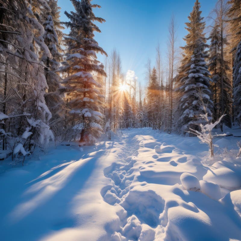 Winter Beautiful Sunny Forest Landscape, Snow-covered Trees Illuminated ...