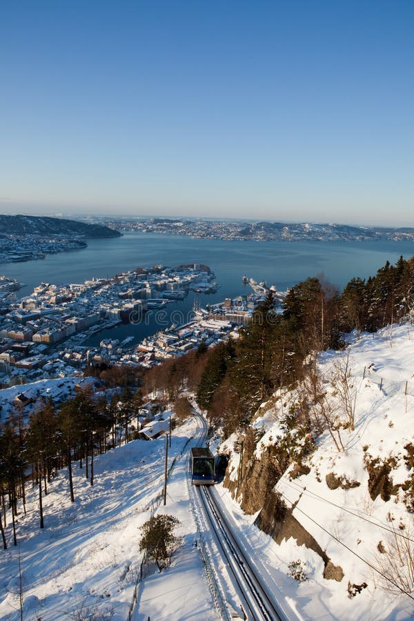 Winter City Scene with Aerial View of Bergen Center in the Morning ...