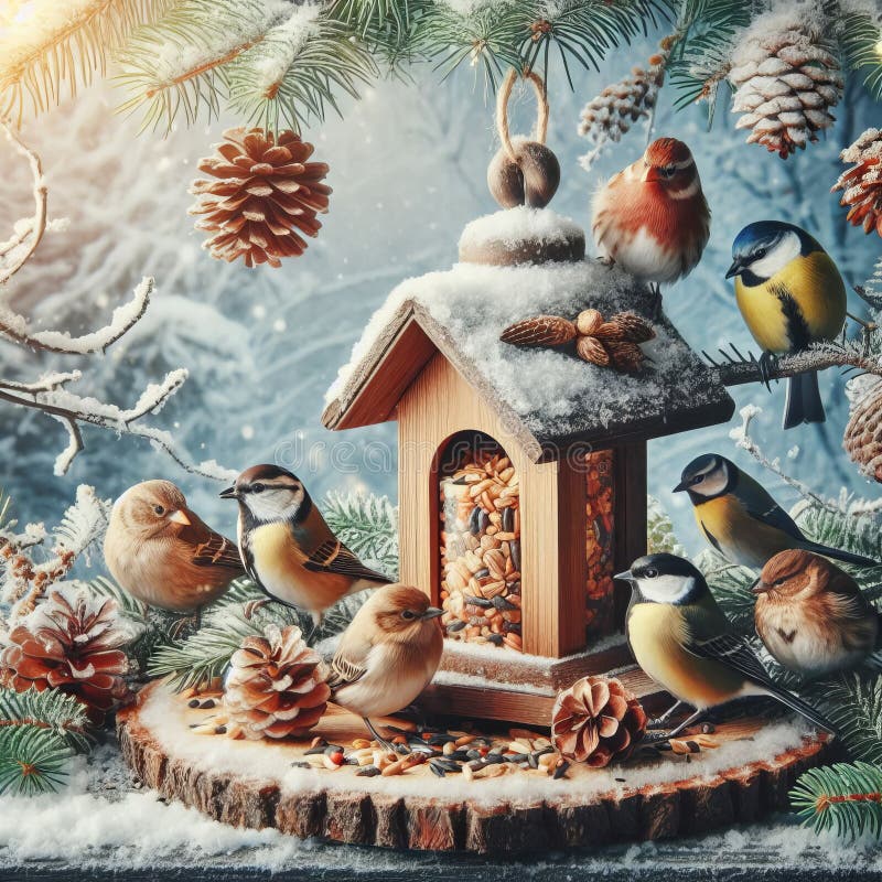 Winter Bird Feeding Bird Feeder Filled with Seeds Various Birds Stock Illustration ...