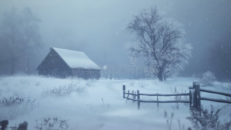 Winter Blizzard Enveloping Rustic Farmhouse in Heavy Snowfall Stock ...