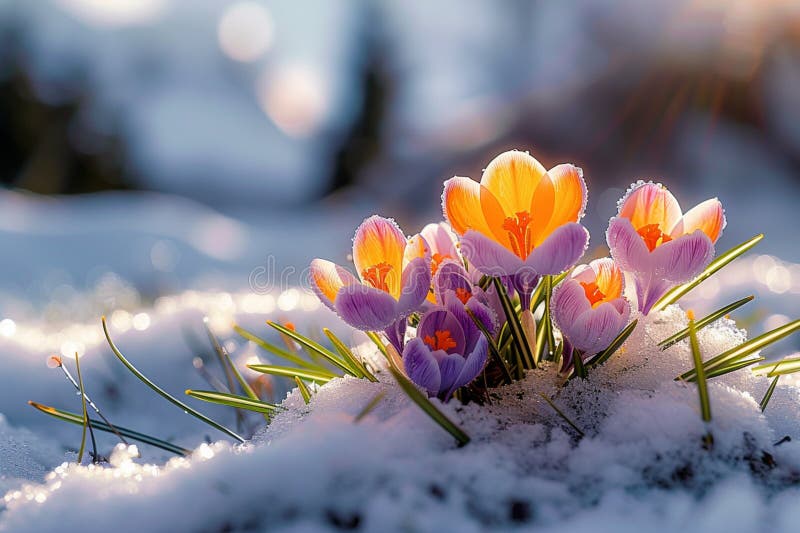 Winter Bloom Crocuses Emerge, Piercing the Cloak of Winter Stock ...