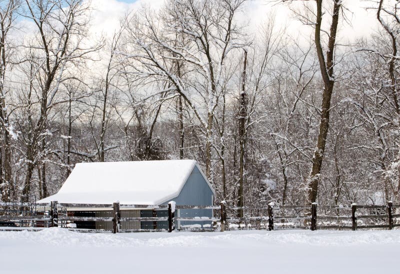 Winter blue barn in snow stock photo. Image of cold, forest - 50160354