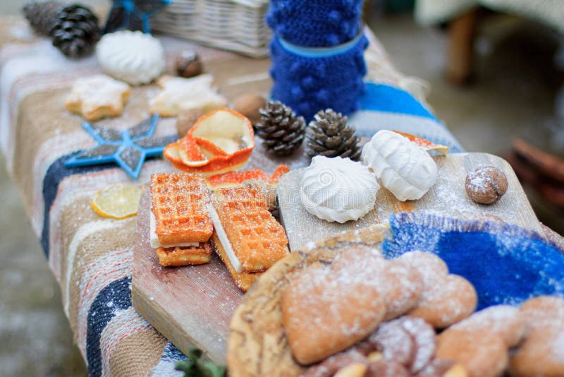 Winter Blue Sweet Table Decor. Sweets, Biscuits, and Marshmallows Stock ...