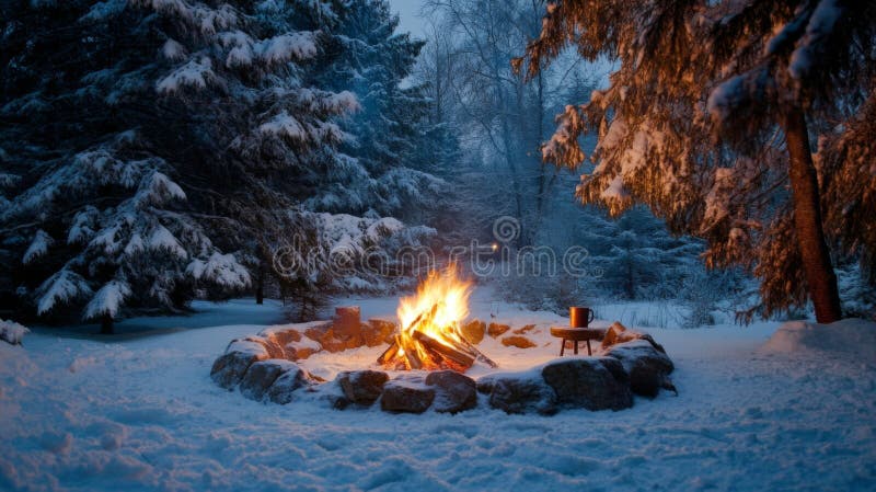 Winter Bonfire Amidst Snow Covered Pine Trees Stock Illustration ...