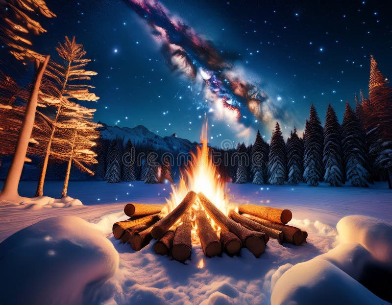 Winter Bonfire Surrounded by Snow-covered Logs for Seating Under a ...