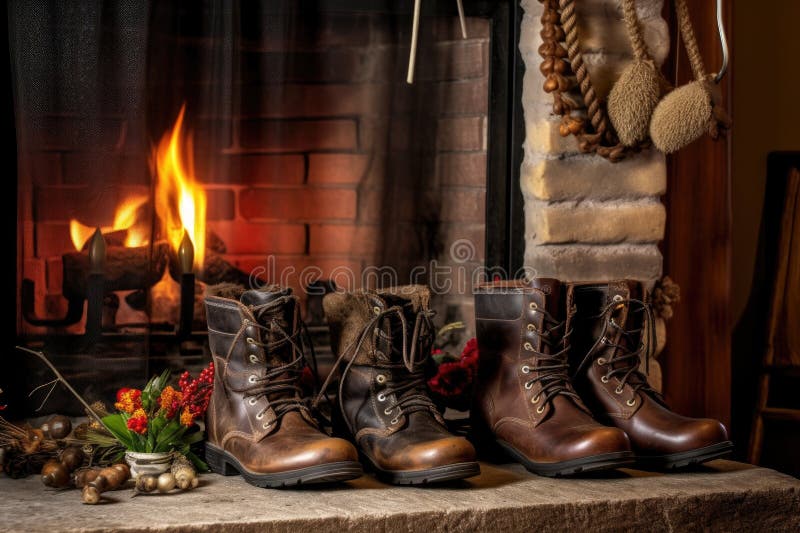 Winter Boots with Holiday Ornaments beside a Warm Fireplace Stock ...