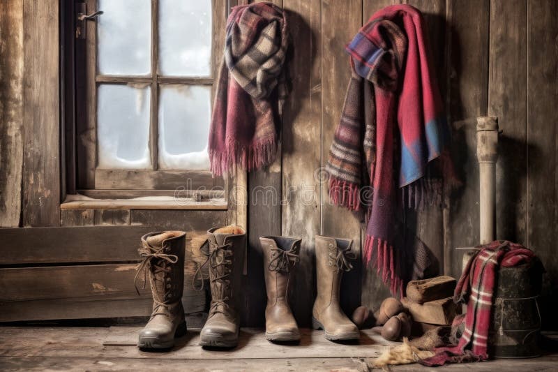 Winter Boots and Scarf Hanging on a Rustic Wall Stock Illustration ...