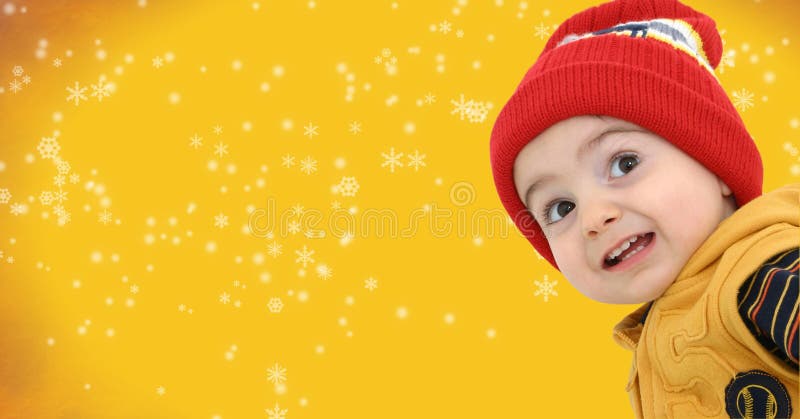 Winter Boy on Bright Yellow Snowflake Background. Stock Photo - Image ...