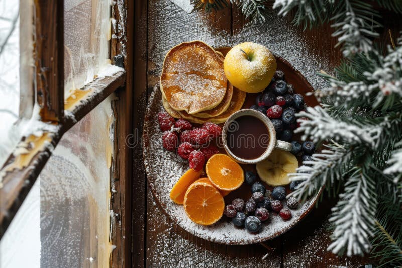 Winter Breakfast Spread with Hot Chocolate and Pancakes by Snowy Window ...
