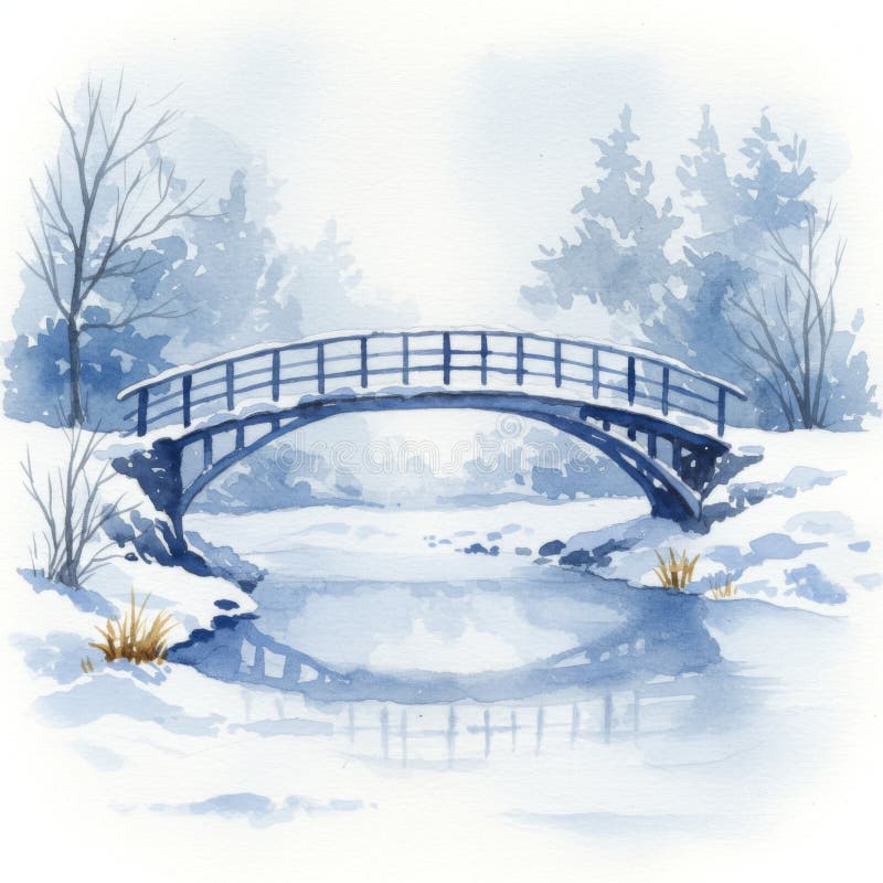Winter Bridge Watercolor Painting Stock Illustration - Illustration of ...