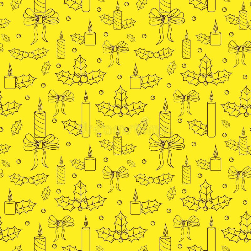 Winter Bright Seamless Pattern. Outlines of Christmas Items on a Yellow ...