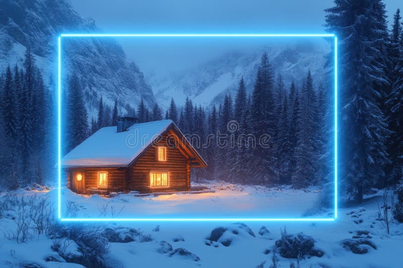 Winter Cabin Banner, a Tranquil Winter Banner Featuring a Rustic Cabin ...