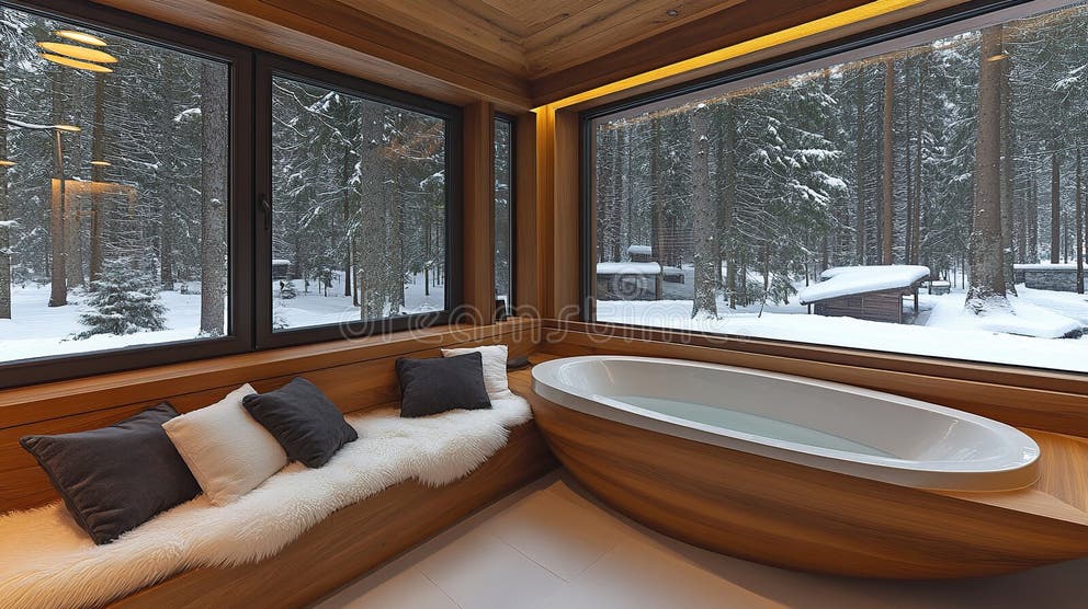Winter Cabin Bathroom with a Soaking Tub Stock Photo - Image of black ...