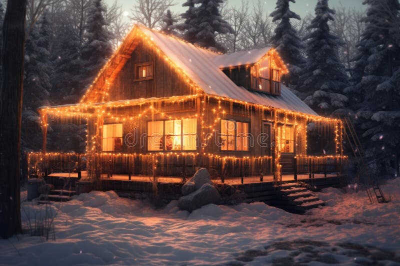 Winter Cabin Illuminated by String Lights at Night Stock Illustration ...