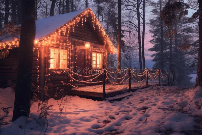 Winter Cabin Illuminated by String Lights at Night Stock Illustration ...