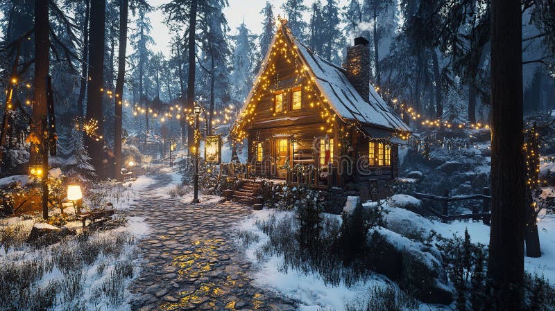 Winter Cabin, Snowy Forest Path, Christmas Lights, Holiday Magic, Game ...