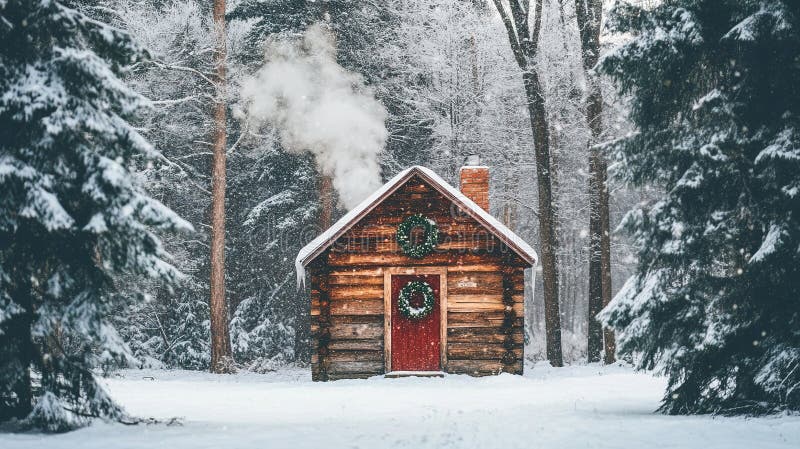 Winter Cabin in Snowy Forest with Wreath and Smoke Stock Photo - Image ...