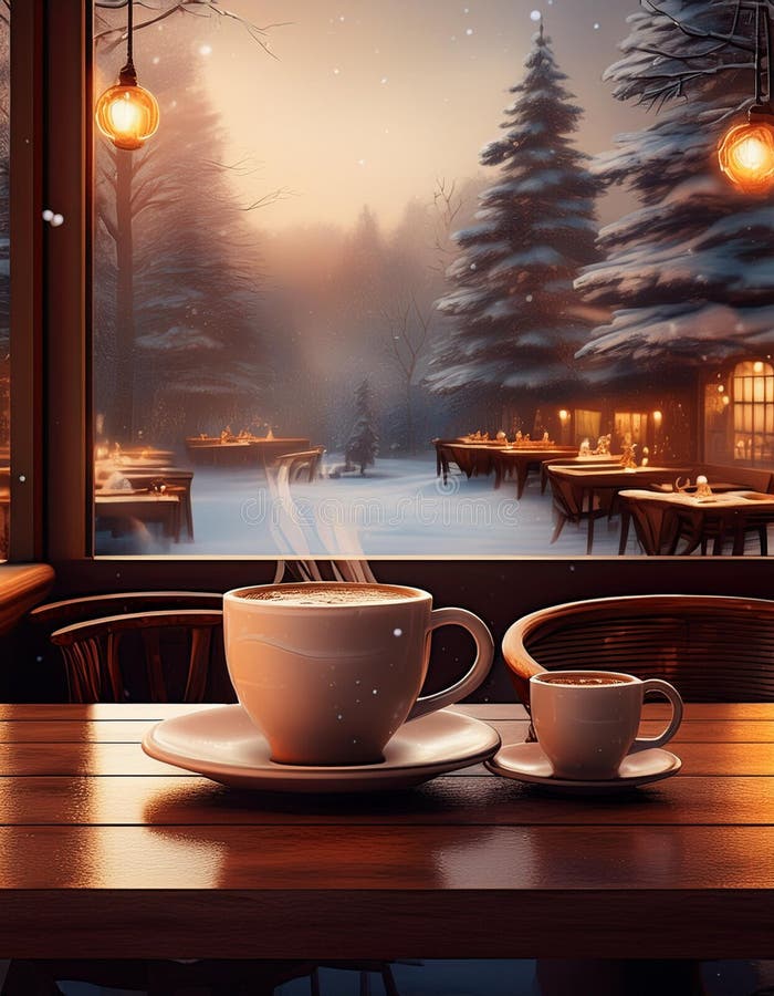Winter Cafe, Cozy Business Setting, Steaming Coffee Cups, 3D Stock ...