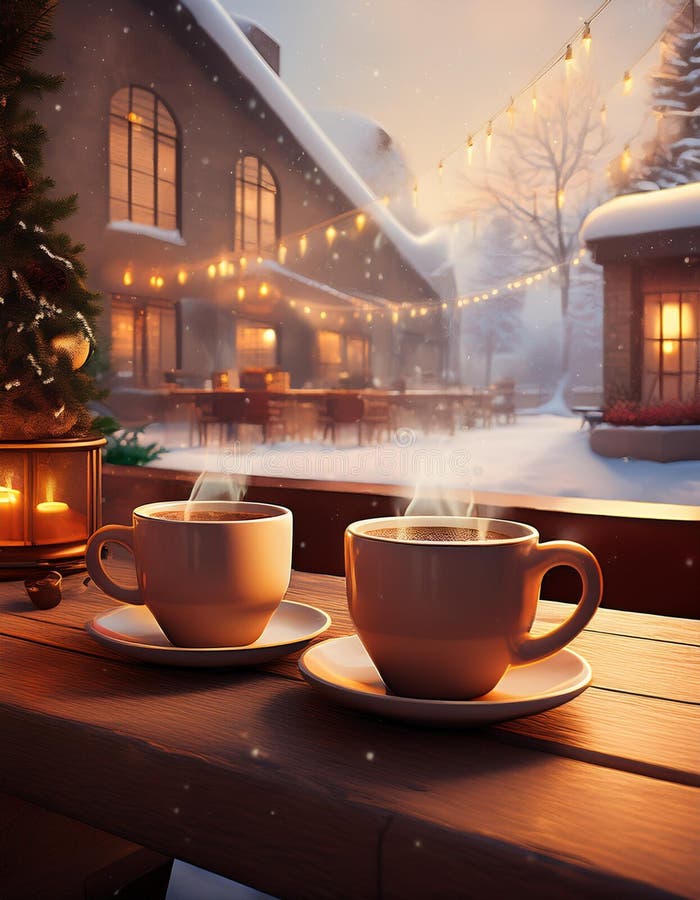 Winter Cafe, Cozy Business Setting, Steaming Coffee Cups Stock ...