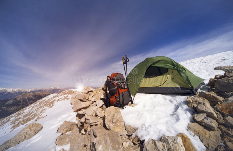 Winter Camping in the Mountains with a Backpack and Tent. Stock Image ...