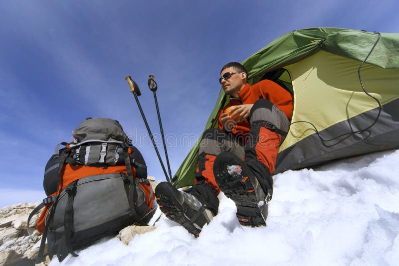 Winter Camping in the Mountains with a Backpack and Tent. Stock Image ...