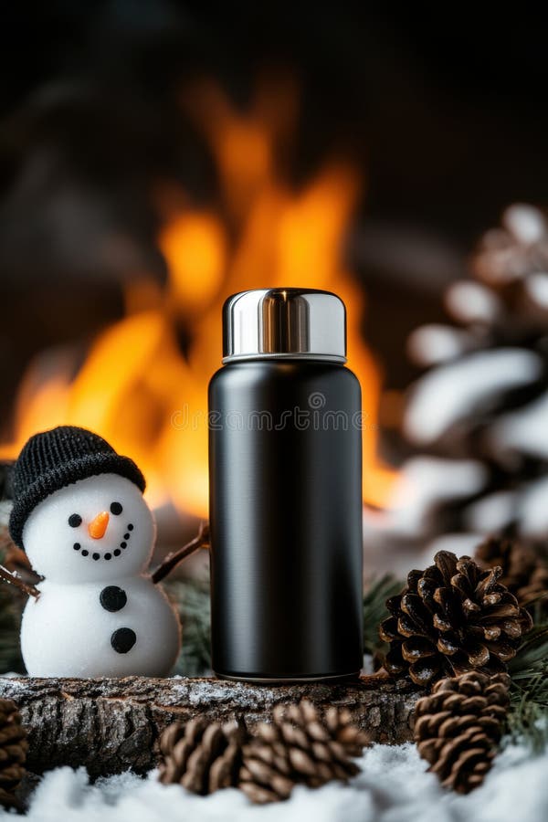 Winter Camping Scene, Vacuum Flask Sits on Log by Fire, Pinecones, and ...