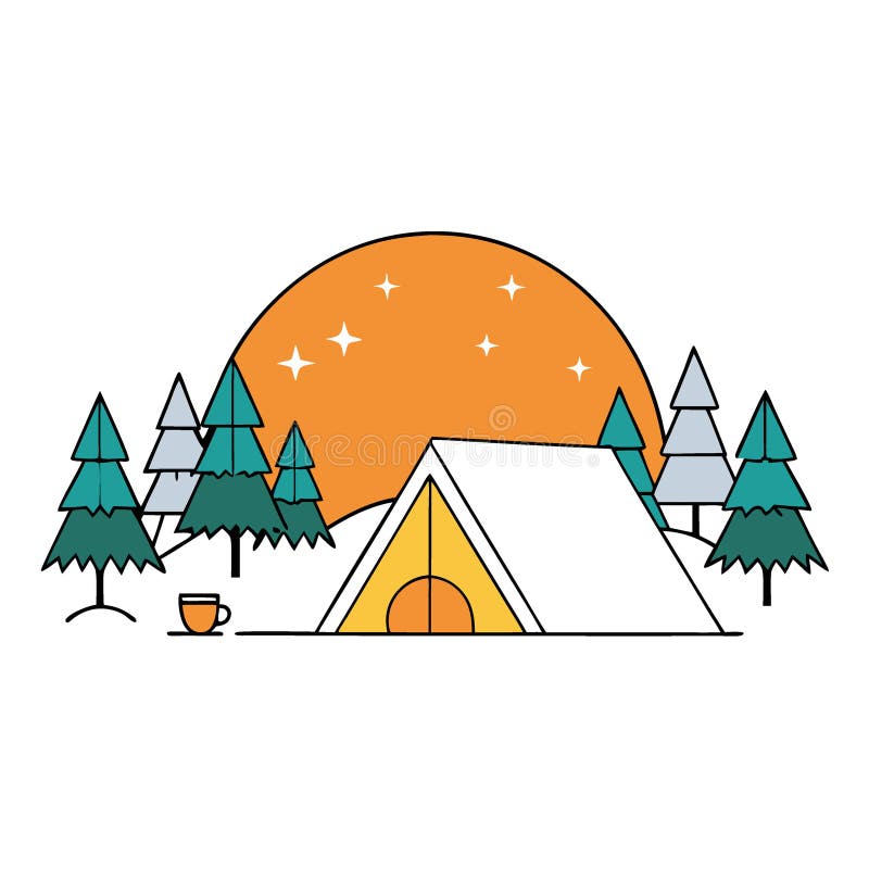 Winter Camping in a Snowy Forest with a Glowing Orange Tent at Sunset Stock Illustration ...