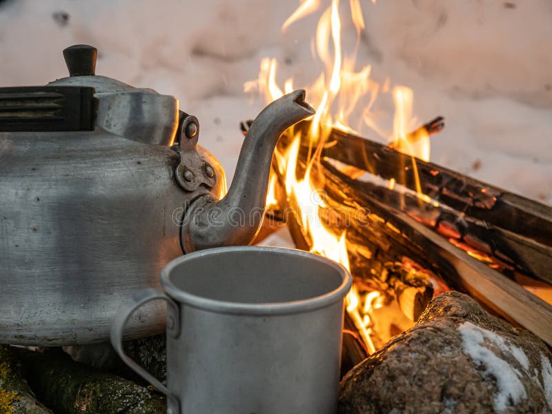Winter Camping with Steel Kettle and Live Fire Stock Photo - Image of ...