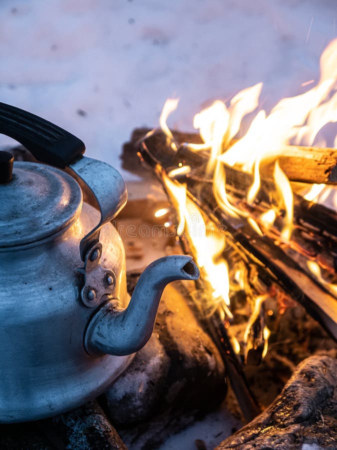 Winter Camping with Steel Kettle and Live Fire Stock Photo - Image of ...