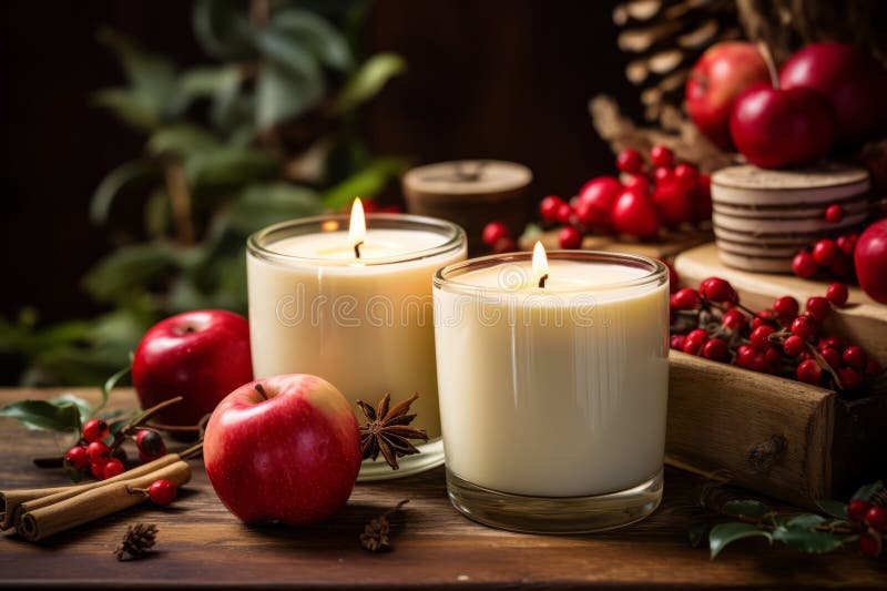Winter Candles with Rustic Designs and Apples. Generative AI Stock ...