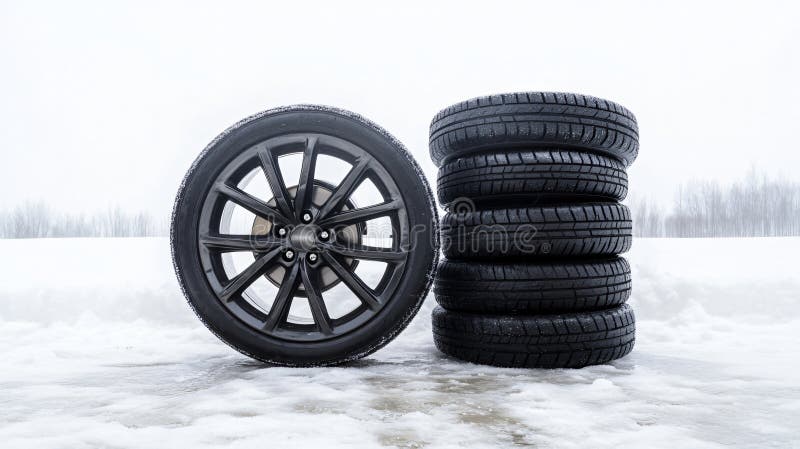 Winter Car Tire Group with Snowy Background Stock Image - Image of ...