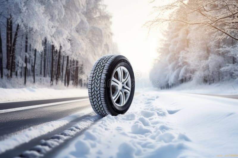 A Winter Car Wheel Tire by the Side of a Snow Covered Road Stock ...