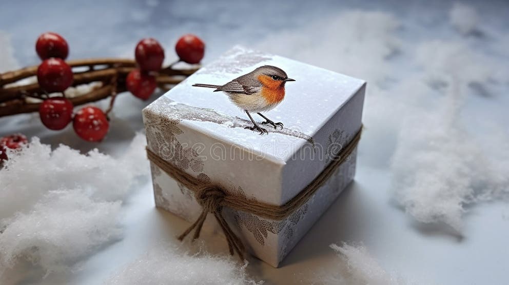 Winter Card with Bird and Gift Box. Generative AI Stock Illustration ...