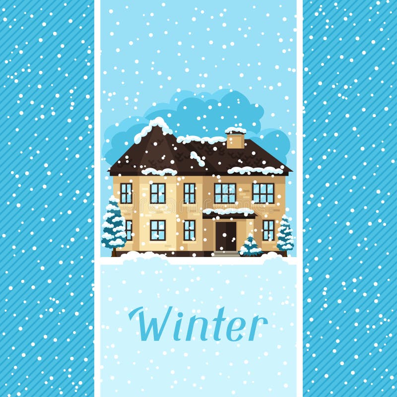 Winter Card Design with House and Trees Stock Vector - Illustration of ...
