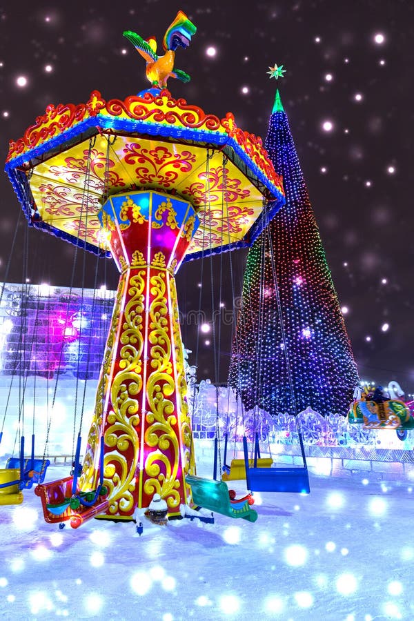 Winter Carousel Park Forest Snow. Christmas Tree in Town Square ...
