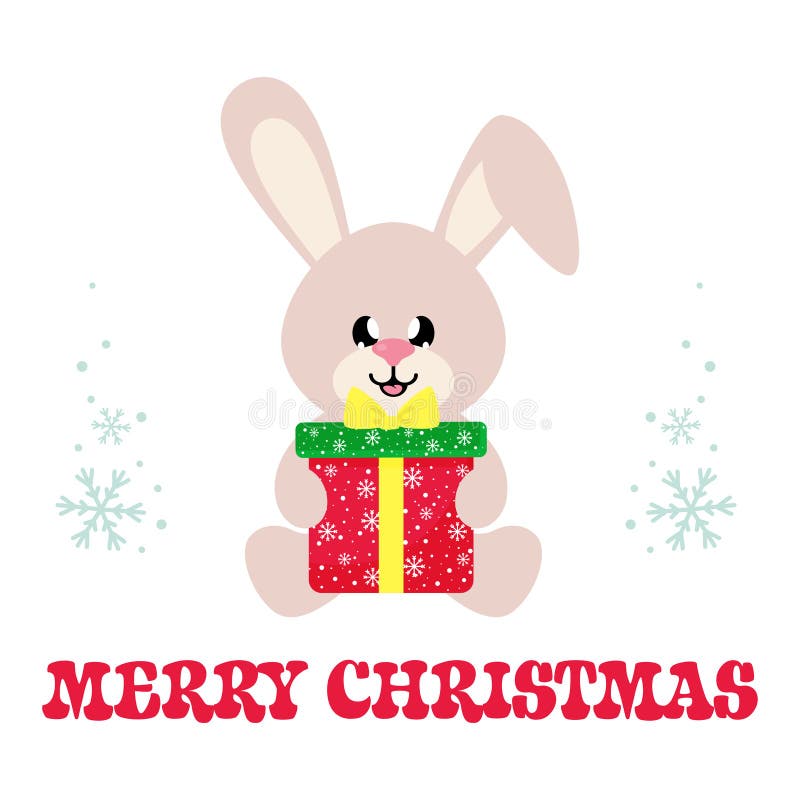 Winter Cartoon Cute Bunny Sitting with Christmas Gift and Text Stock ...