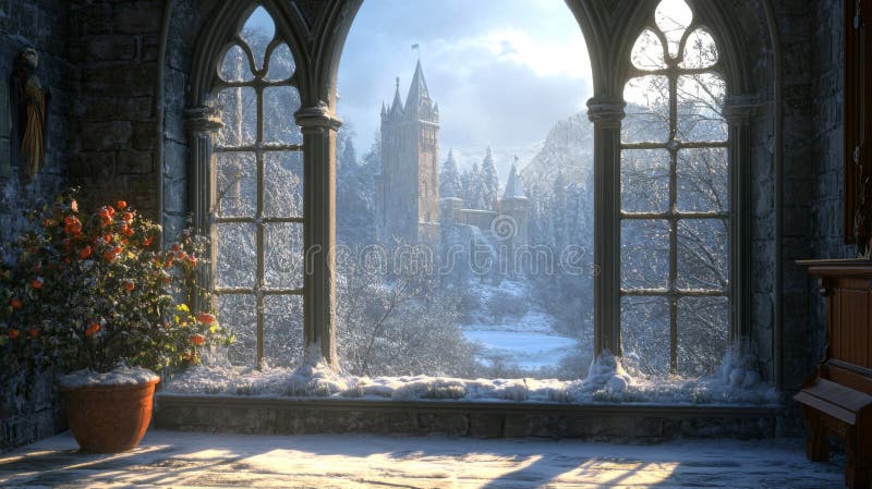 Winter Castle View from a Stone Window Stock Illustration ...