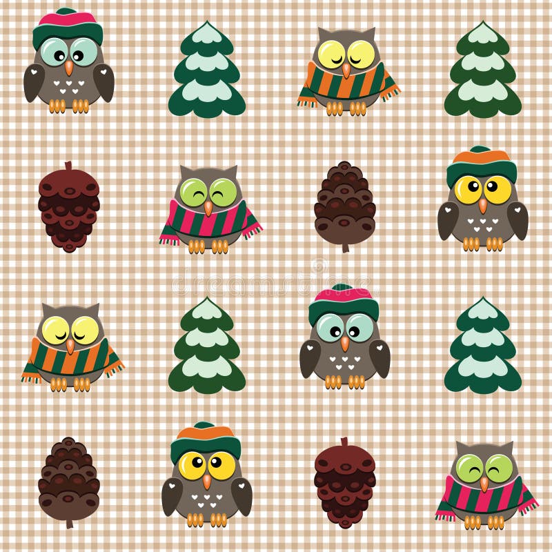 Checked Pattern with Cute Owls. Stock Vector - Illustration of retro ...