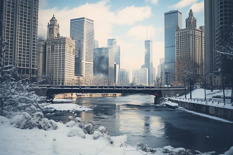 Winter in Chicago Illinois, Cold Days Landscape Illustration Stock ...
