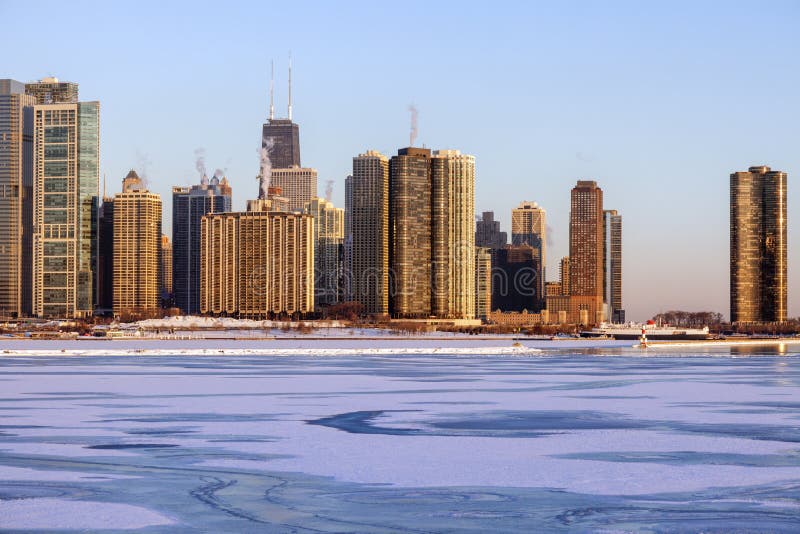 Winter in Chicago - Skyline at Sunrise Stock Image - Image of sunrise ...