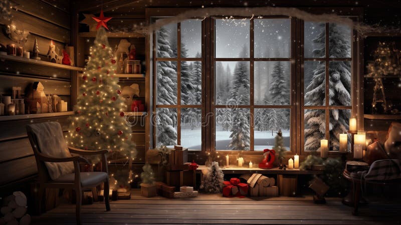 A Winter Christmas Cabin Interior Stock Illustration - Illustration of ...